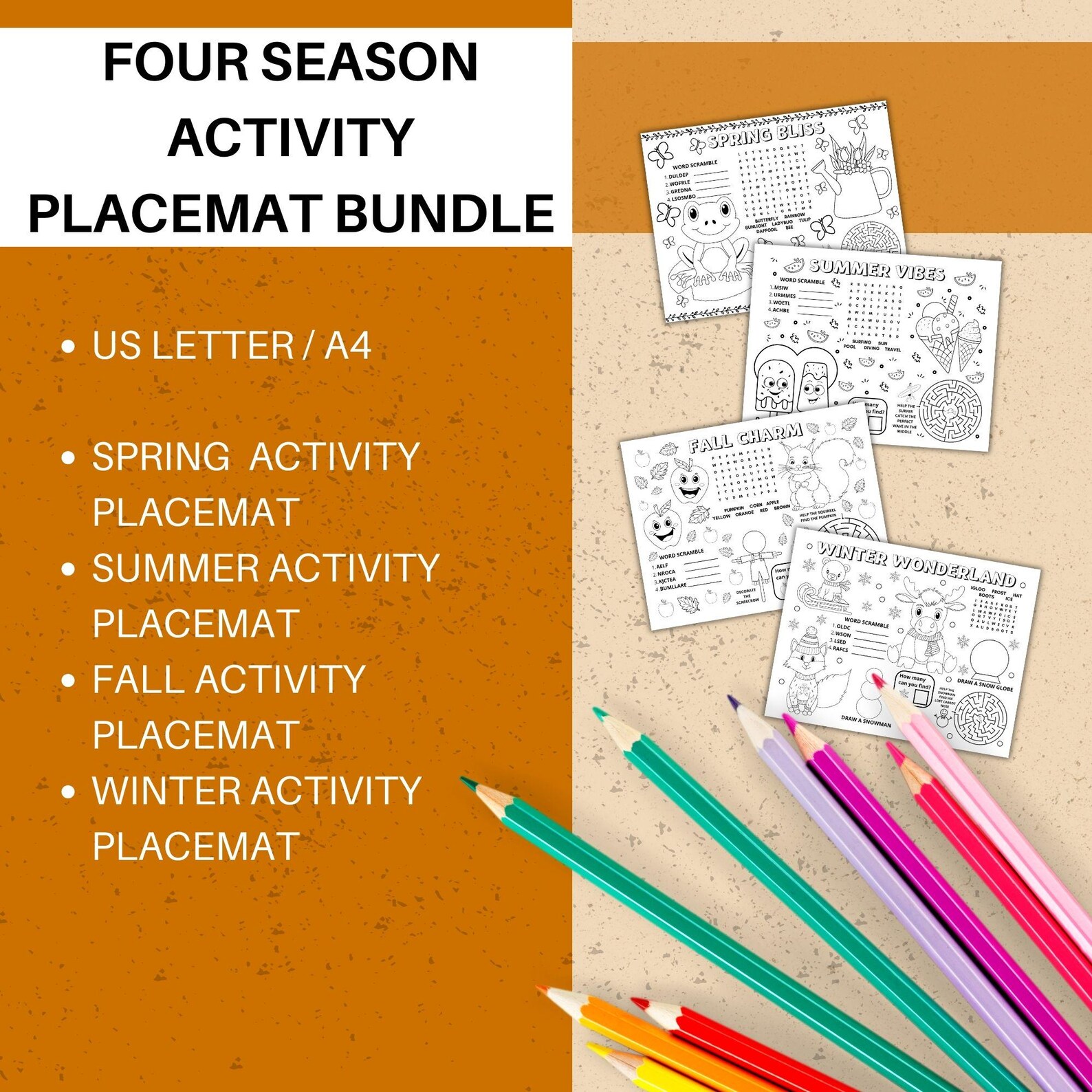Four Seasons Activity Placemat Bundle: Spring, Summer, Fall, Winter ...