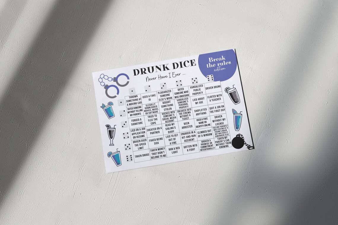 Drunk Dice Never Have I Ever Break the Rules Questions Printable ...