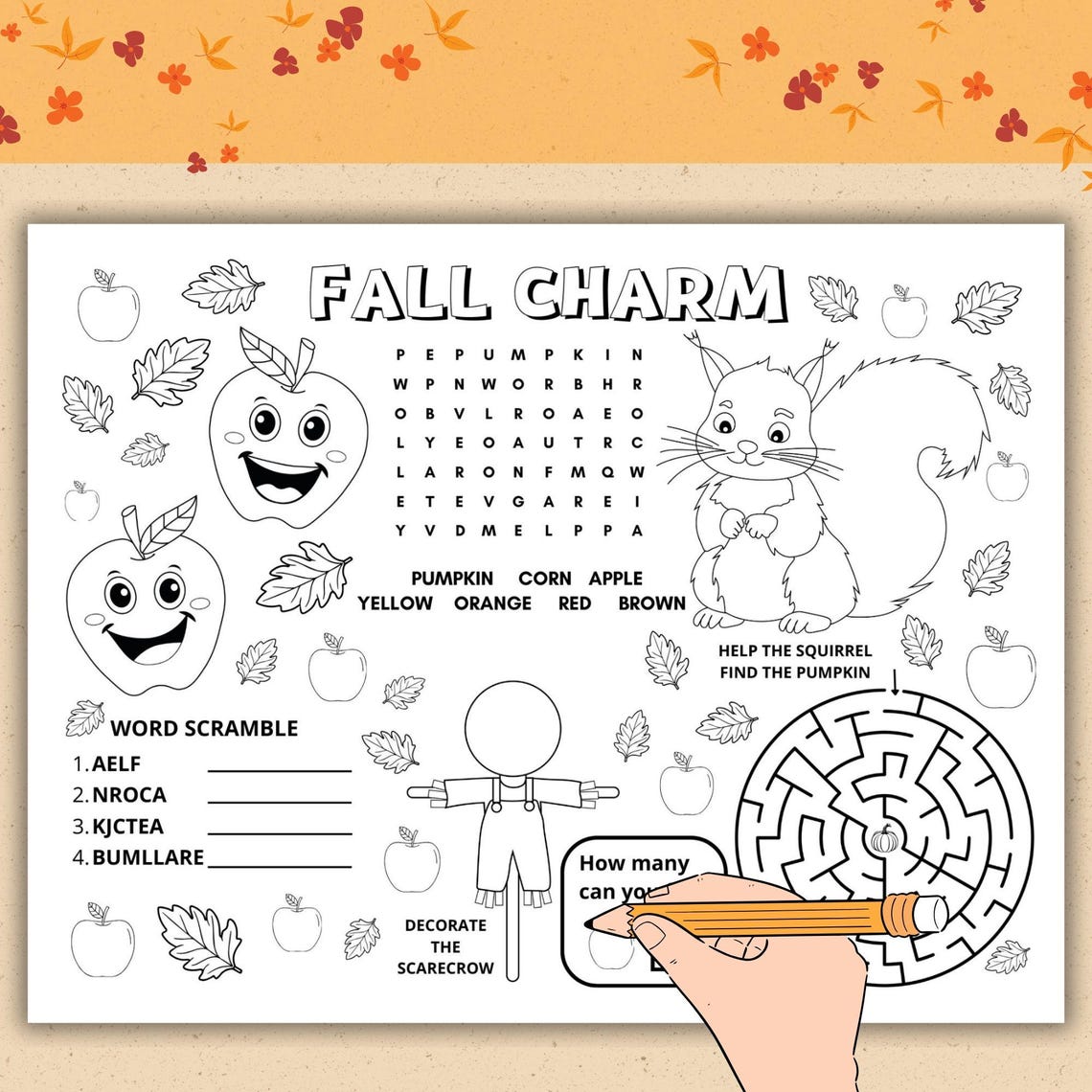 Fall Activity Placemat Autumn Activity Sheet Printable Fall Coloring ...