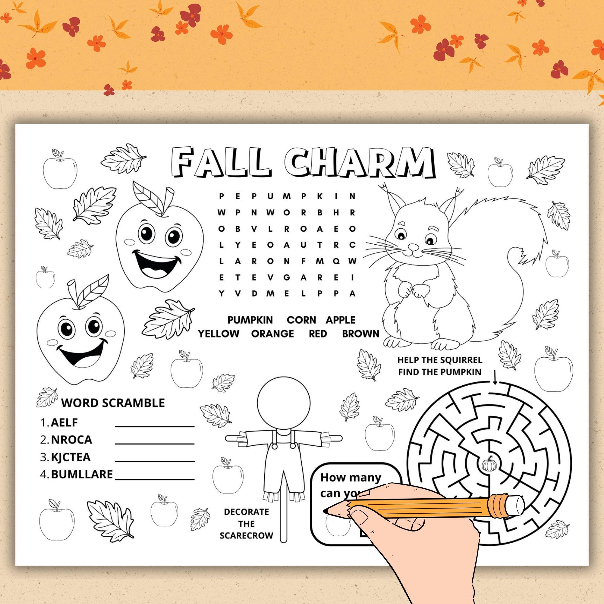 Fall Activity Placemat Autumn Activity Sheet Printable Fall Coloring ...