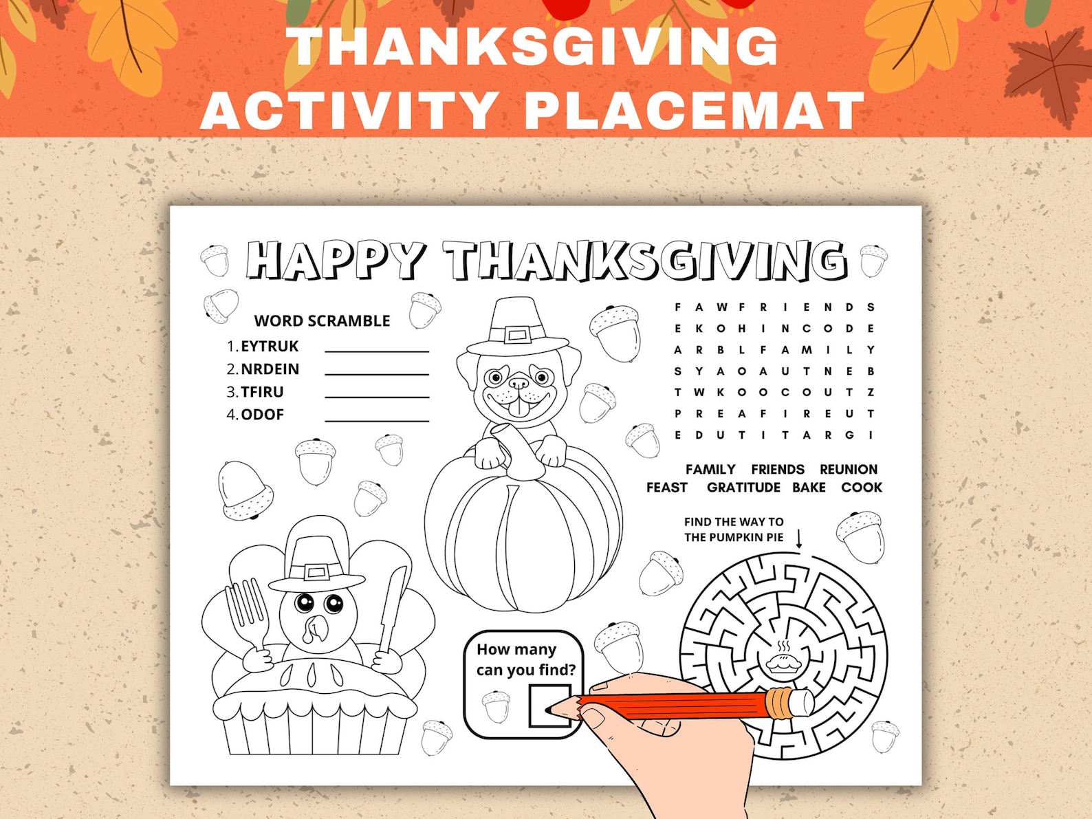 Thanksgiving Activity Placemat Printable Thanksgiving Activity Sheet ...