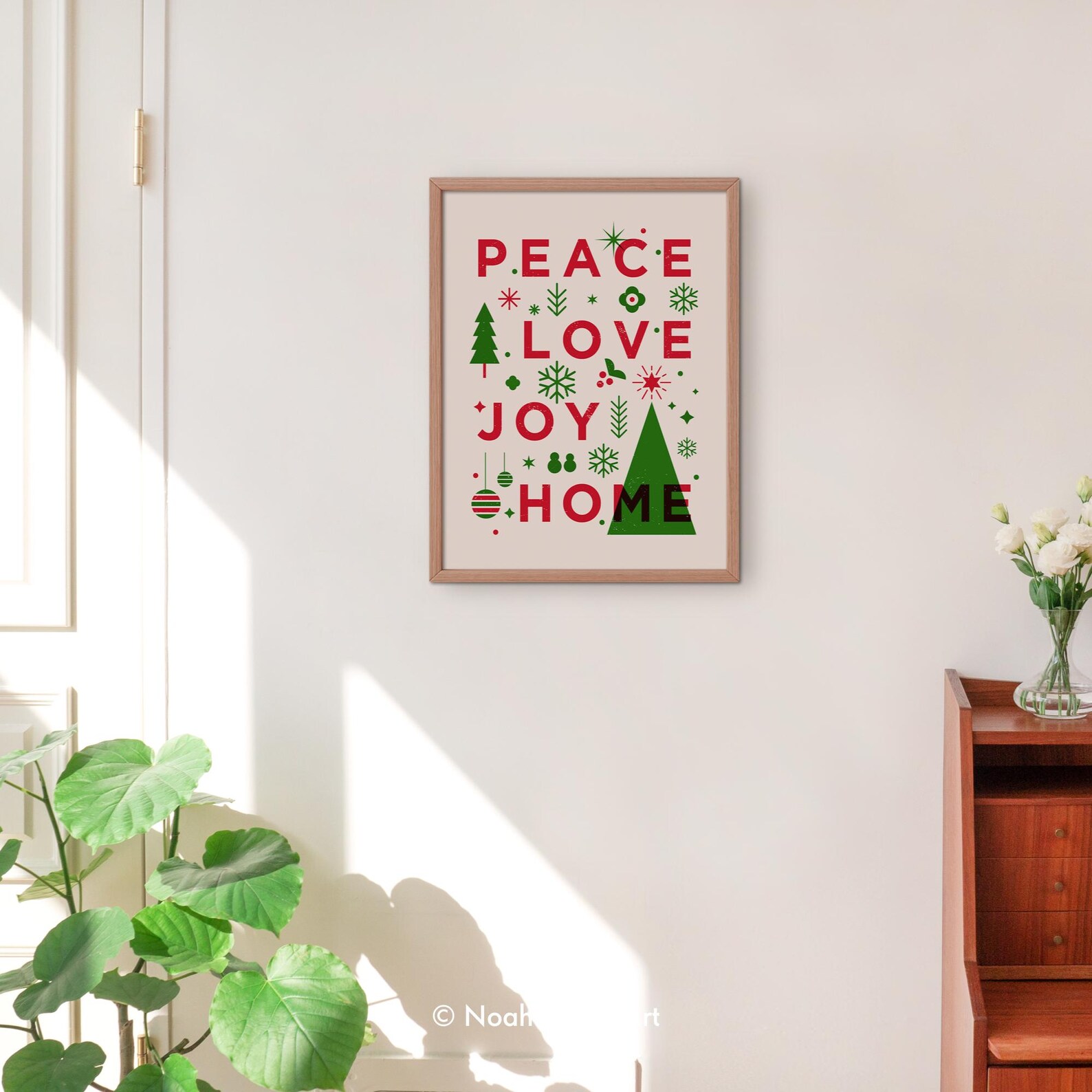 Peace Love Joy Home Christmas Print, Holiday Typography Wall Art, Red ...
