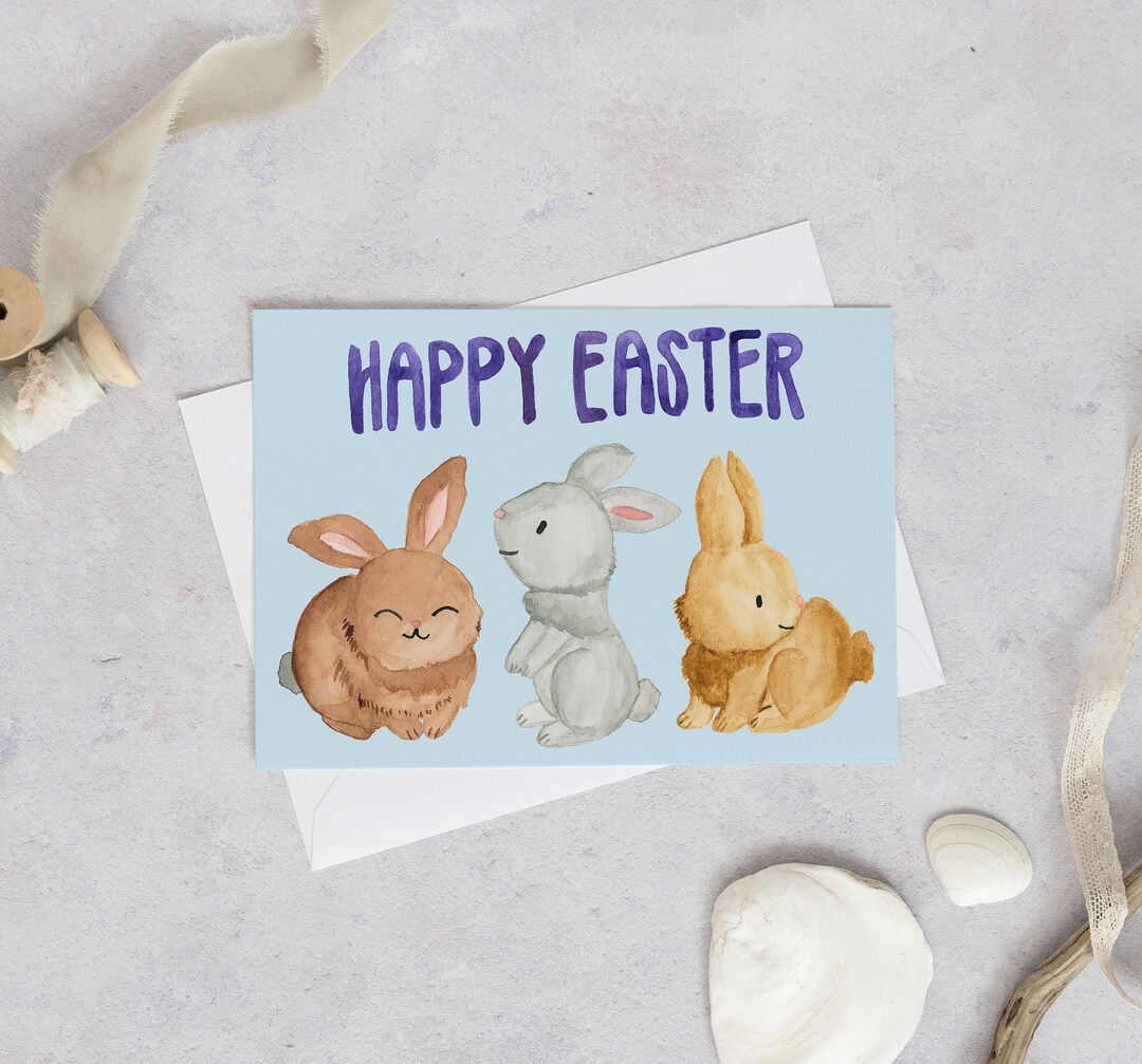 Easter Card, Easter Bunny Greeting Card, Cute Easter Bunny, Watercolour ...