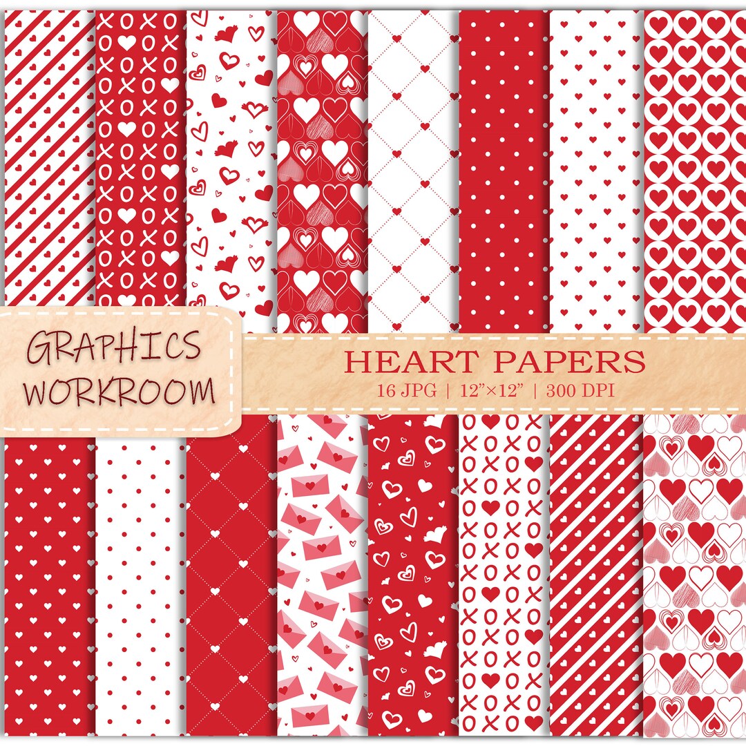Valentine's Heart Digital Papers, Red and White Hearts, Heart ...