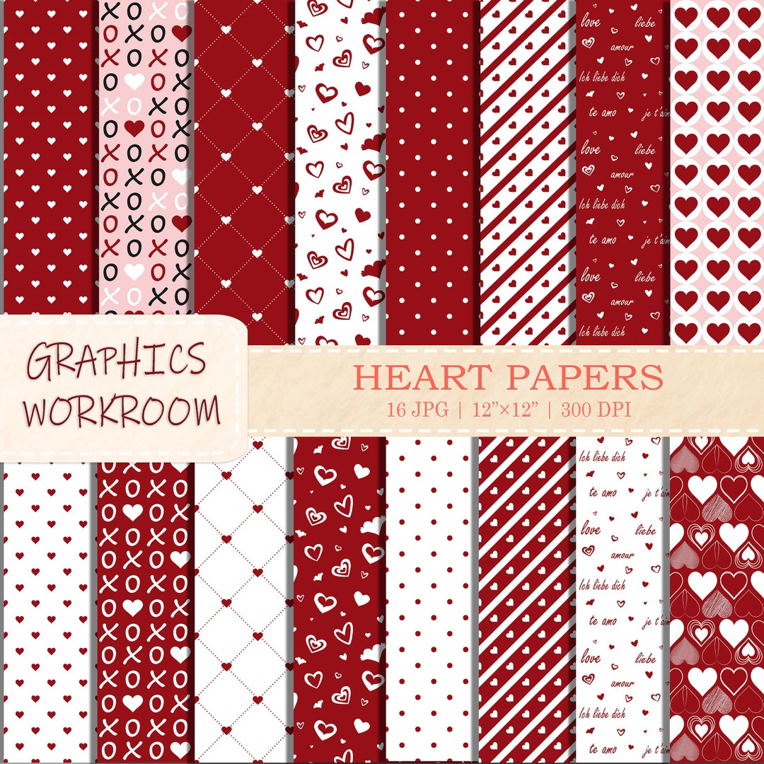 Valentine's Heart Digital Papers, Dark Red and White Hearts, Heart ...