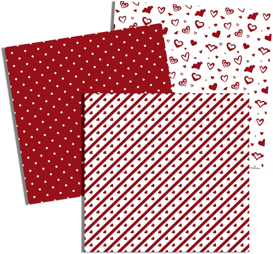 Valentine's Heart Digital Papers, Dark Red and White Hearts, Heart ...