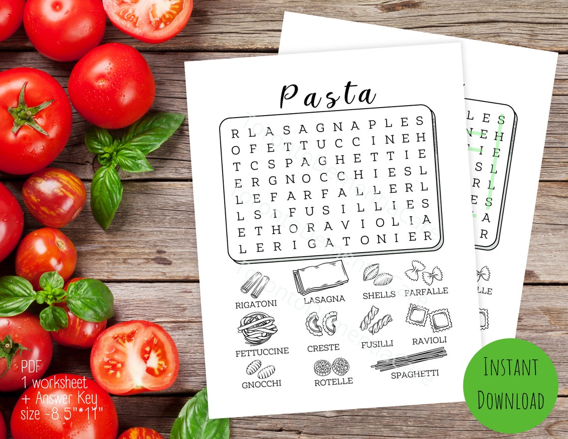 Pasta, Word Search Puzzle With Answer Key, Dementia, Elderly, Family ...