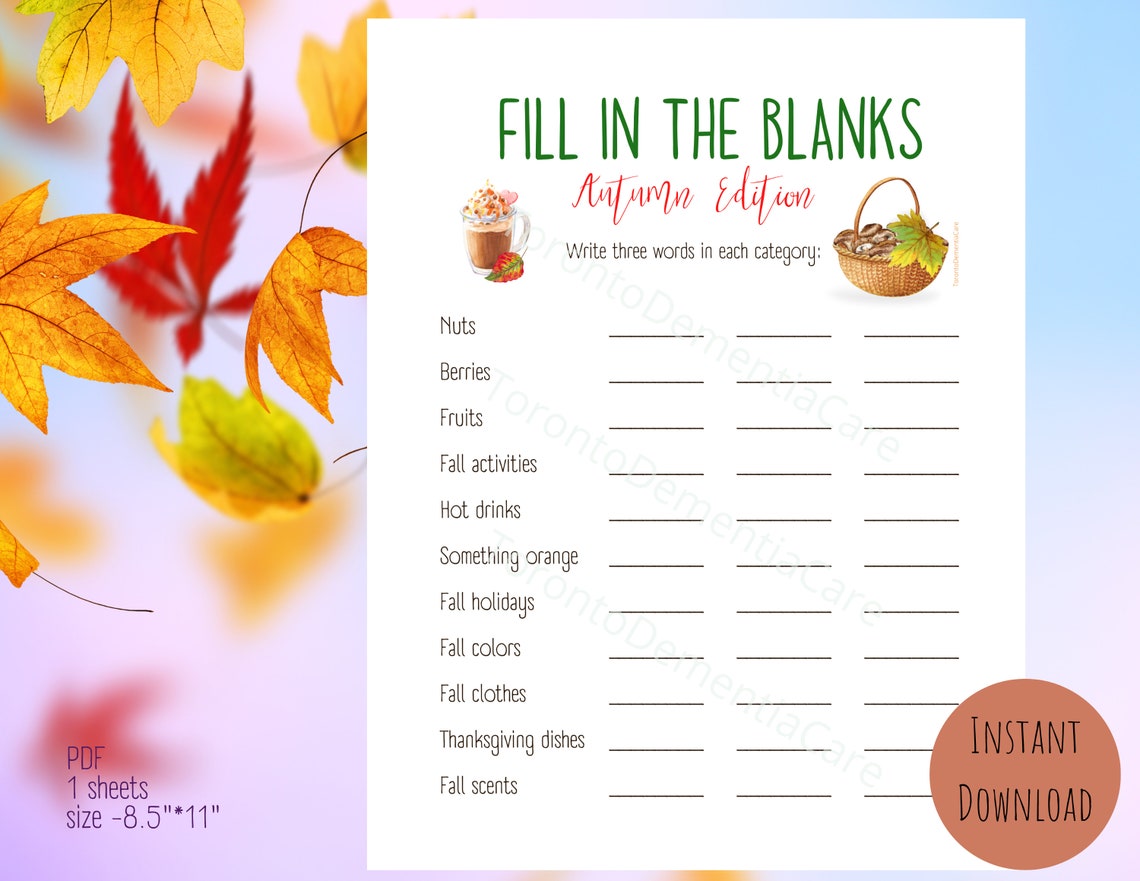 Fill in the Blanks, Fall, Words Game, Dementia Activities, Elderly ...