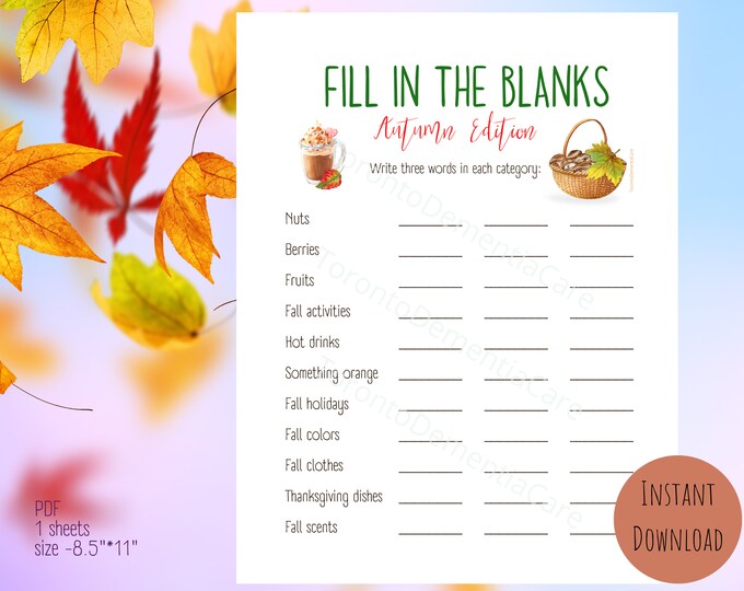 Fill in the Blanks, Fall, Words Game, Dementia Activities, Elderly ...
