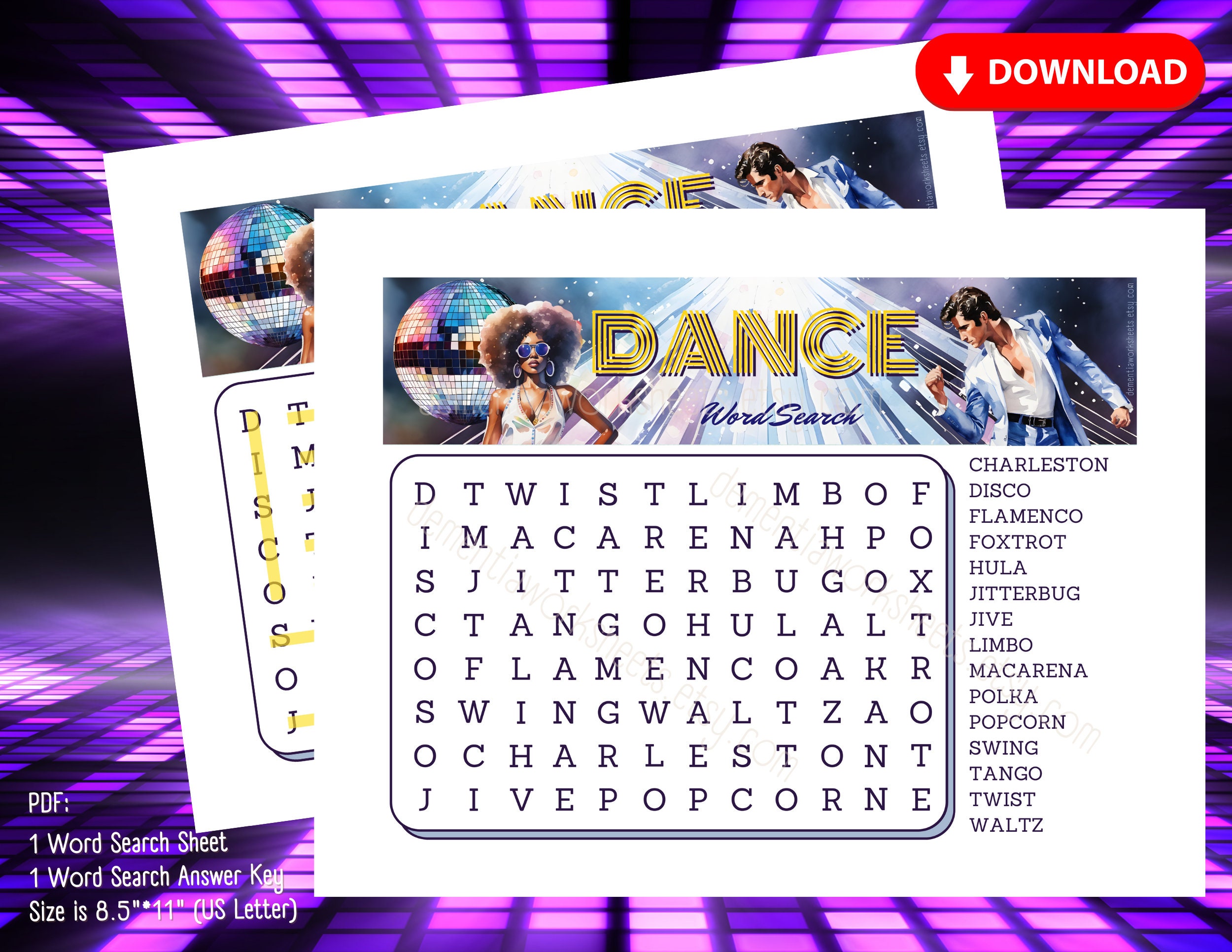 Dance Word Search Puzzles With Answer Key Dance Day Large - Etsy