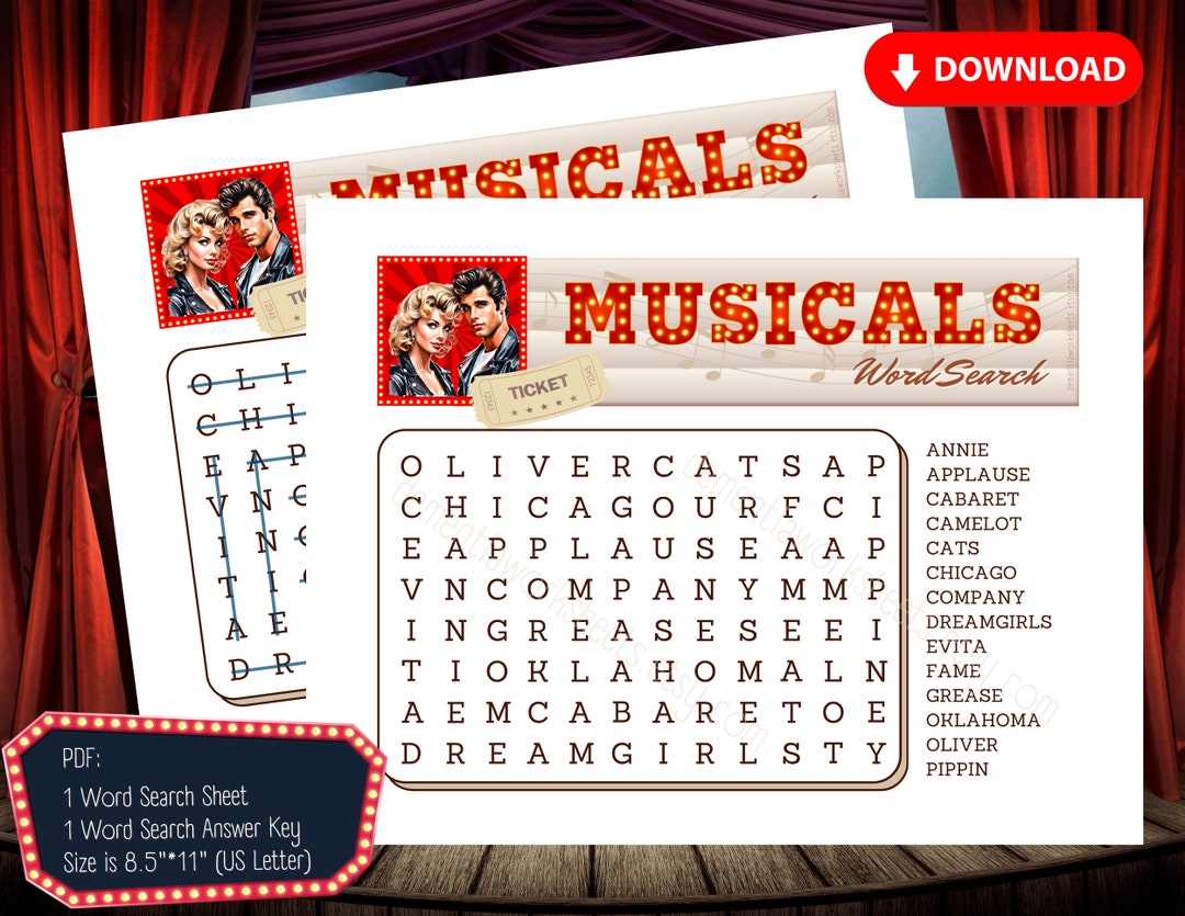 Musicals, Broadway, Word Search Puzzles With Answer Key, Large Print ...