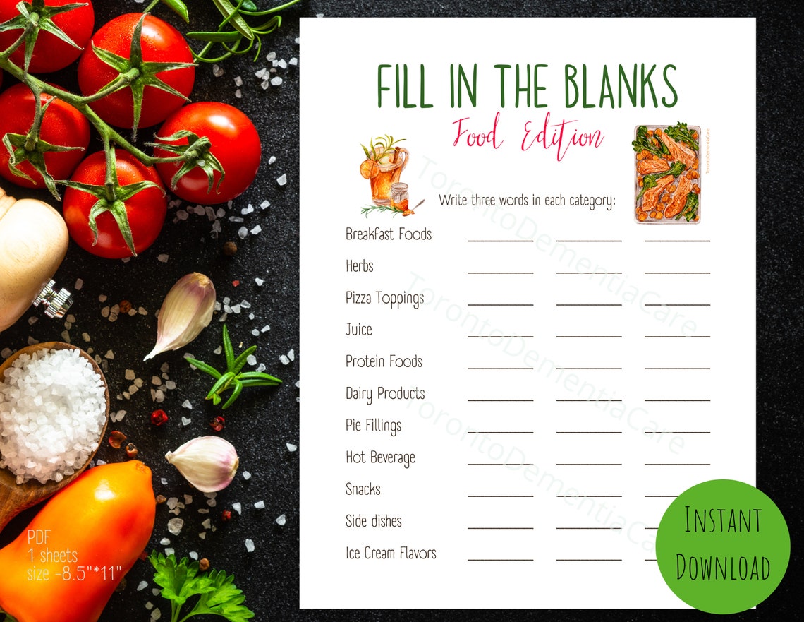 Fill in the Blanks, Food, Words Game, Dementia Activities, Elderly ...