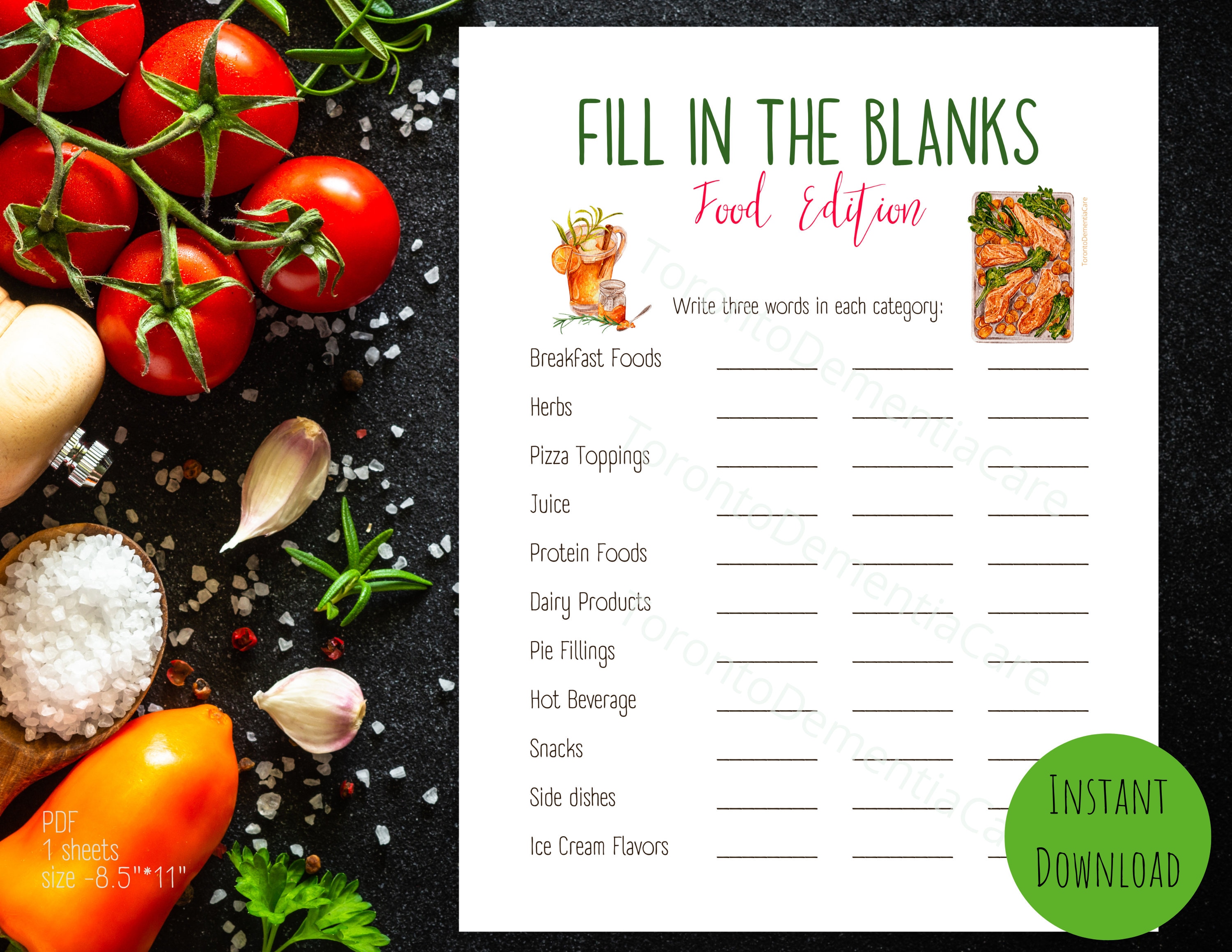 Fill in the Blanks, Food, Words Game, Dementia Activities, Elderly ...