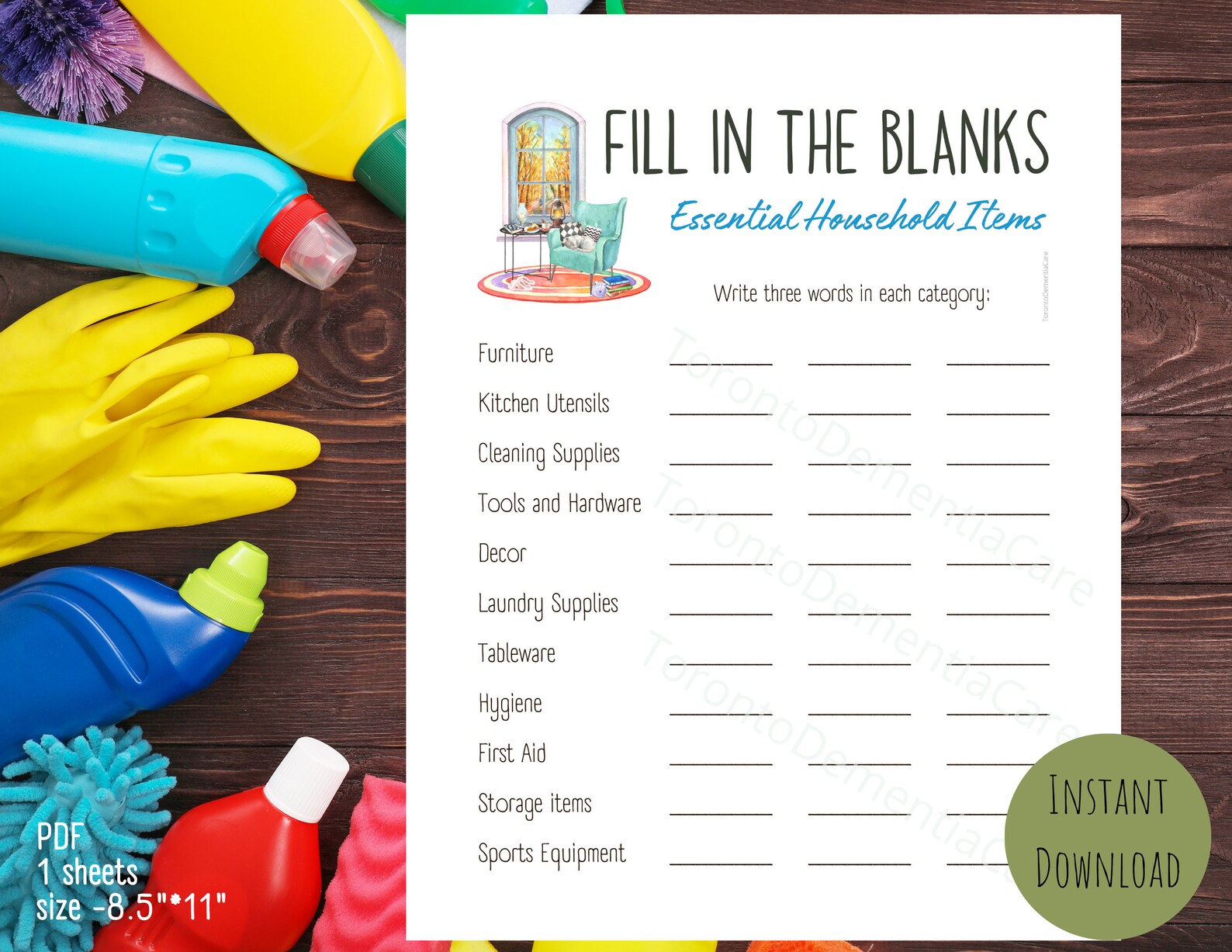 Essential Household Items, Fill in the Blanks, Words Game, Dementia ...