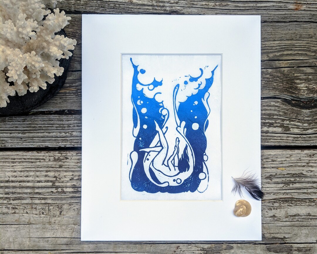 Linocut Woman Underwater, Original 8x10 Sea Print, Handcarved Ocean ...