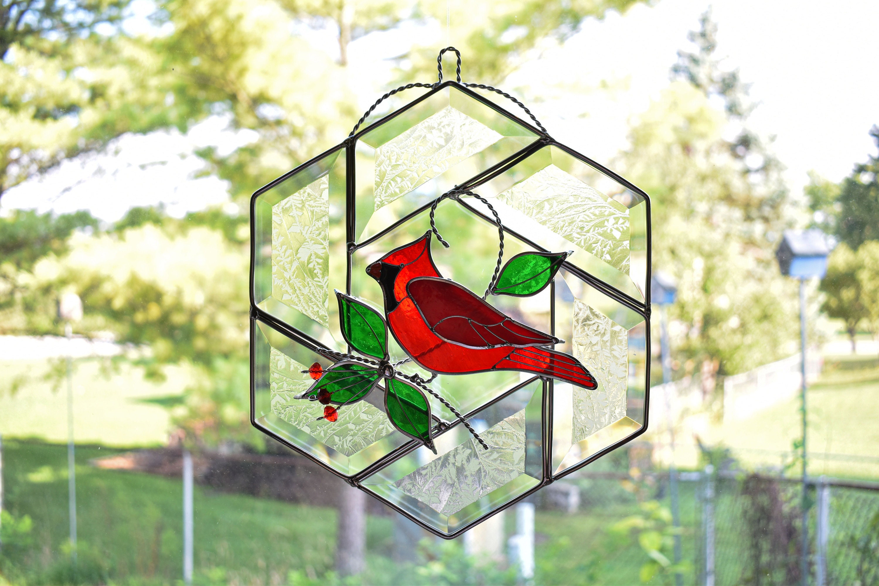 Stained Glass Cardinal in a Beveled Hexagon Glass Frame - Etsy