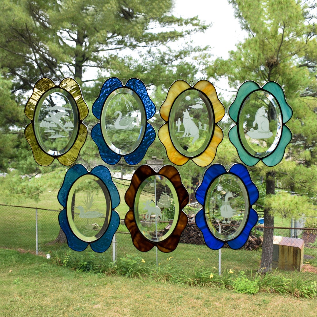 Animals Engraved Bevel Oval Suncatchers With Stained Glass Border - Etsy