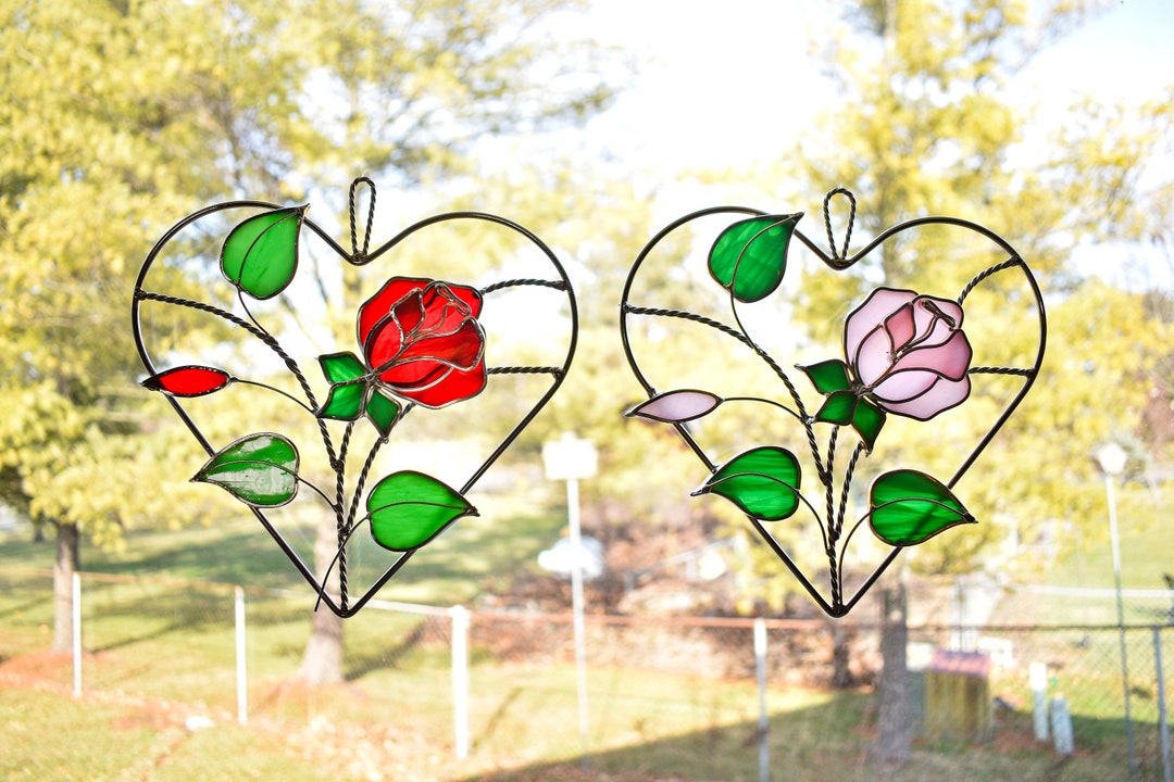 Stained Glass Rose Heart - Silver Finish Window Hanging - Etsy