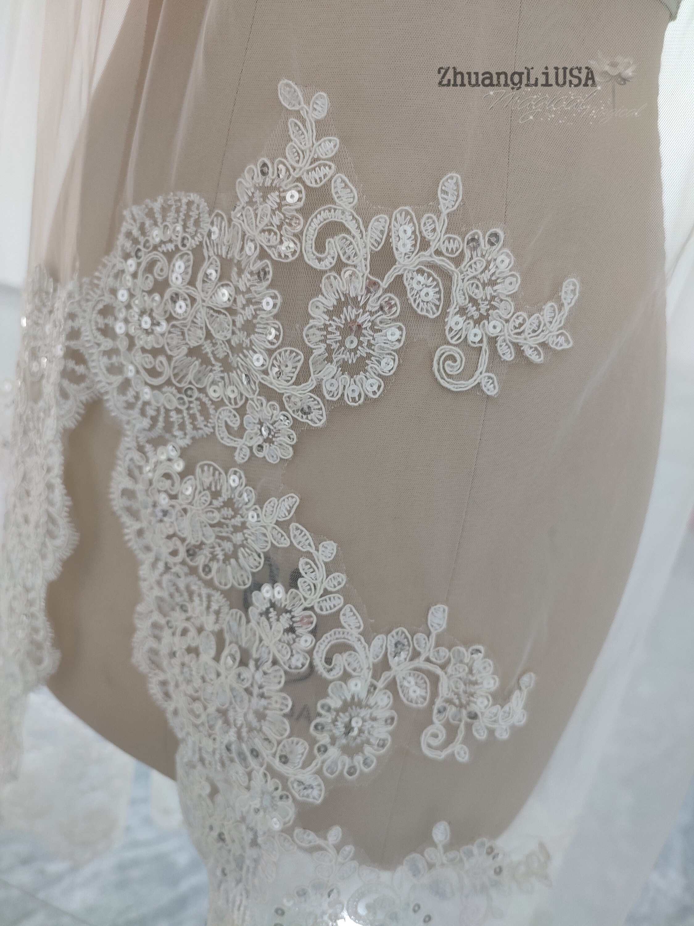 White Sequin One Layer Lace Veil, Romantic Wedding Sequin Lace Veil ...