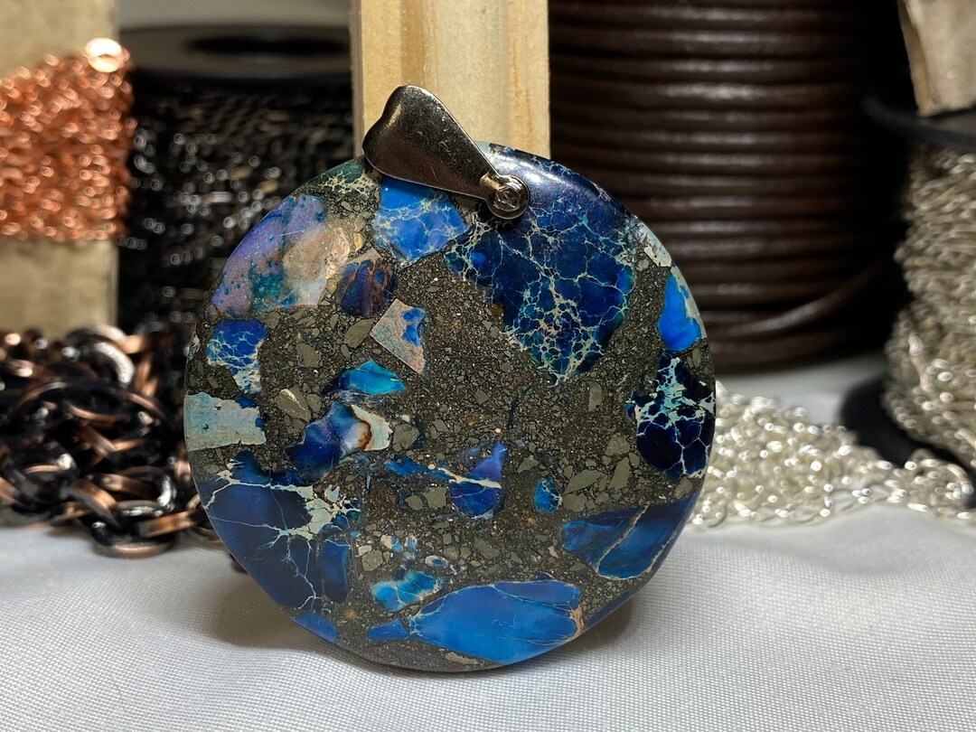 LLANITE Pendant 1 3/4 Round rhyolite Quartz Blue Natural Stone Rock ...
