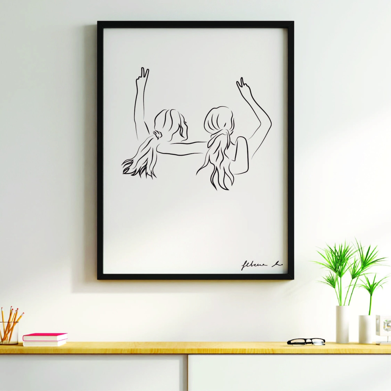 Best Friends Hug, Girl Line Art, Friendship Drawing, Gift for Friend ...