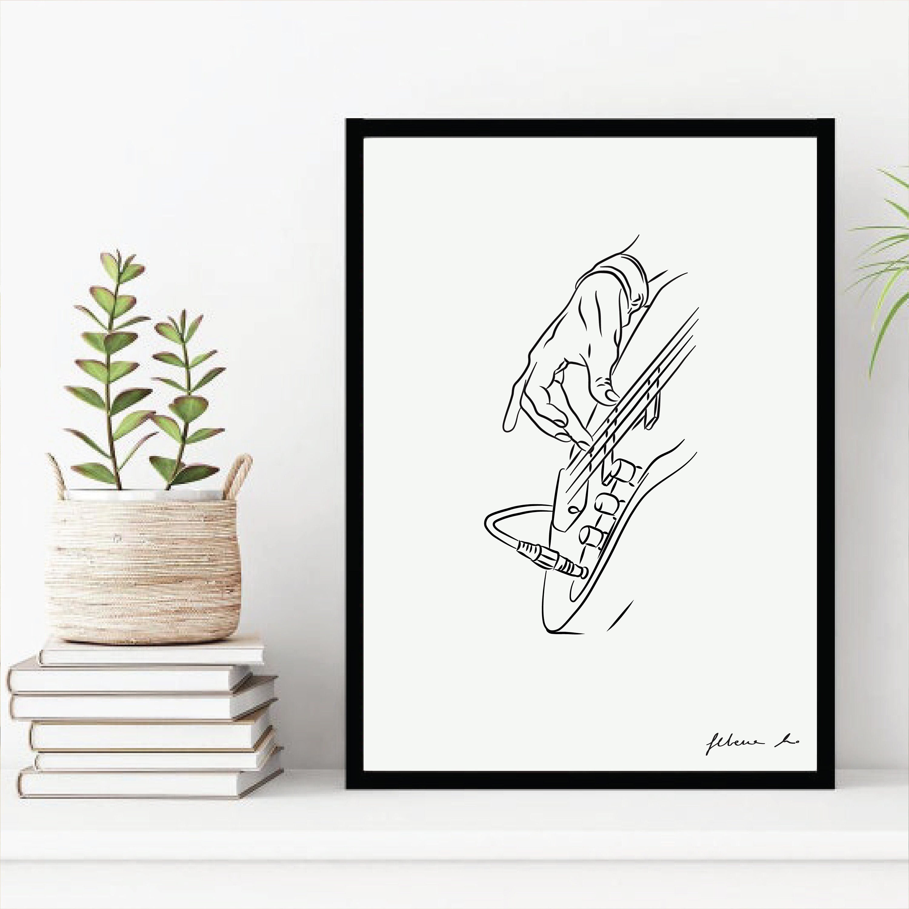 Guitar Line Art , Guitar Player Drawing, Playing Guitar Wall Print ...