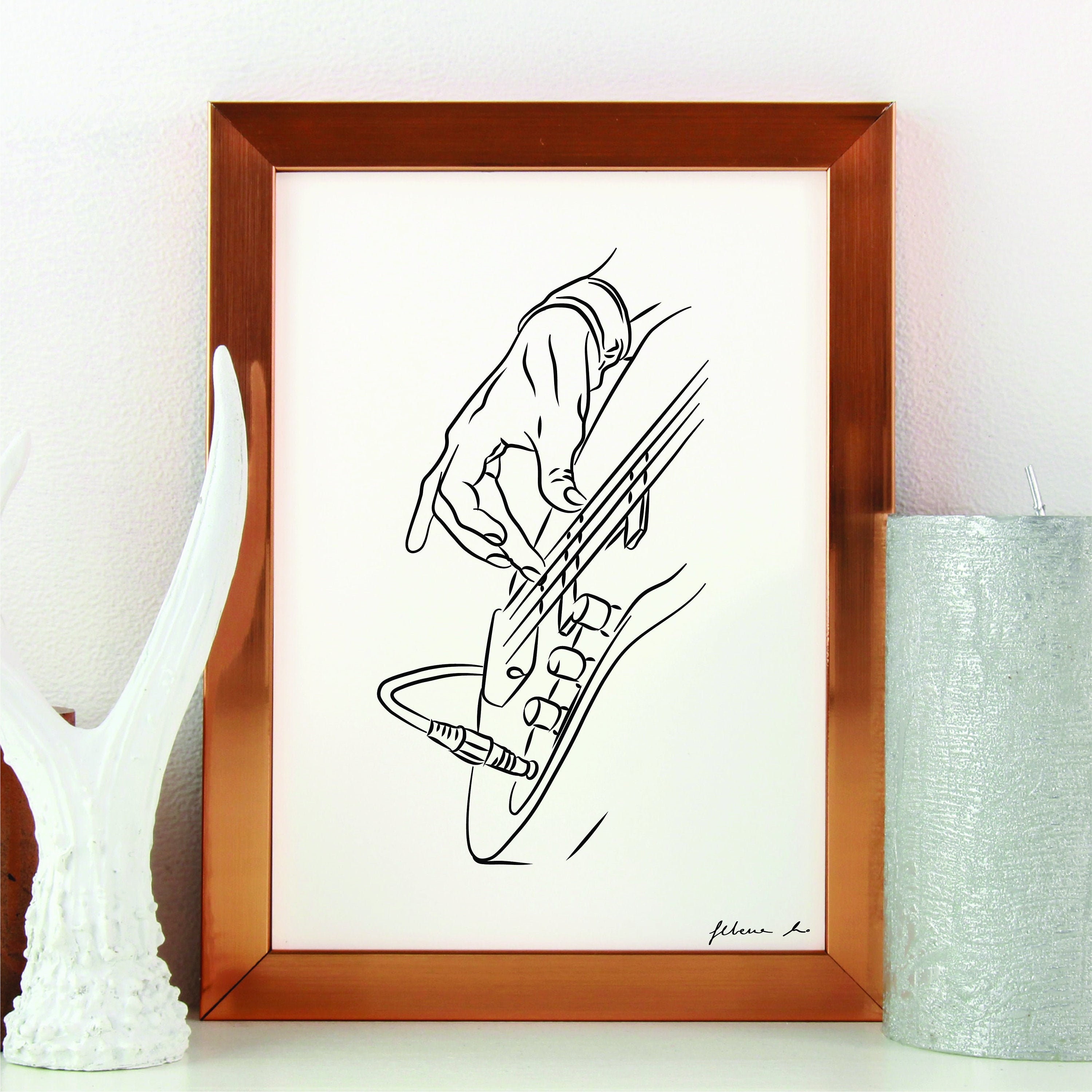 Guitar Line Art , Guitar Player Drawing, Playing Guitar Wall Print ...