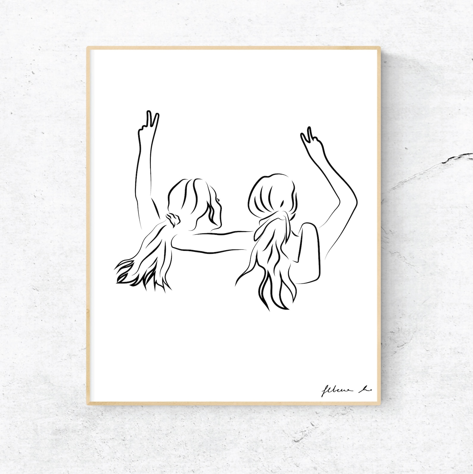 Best Friends Hug, Girl Line Art, Friendship Drawing, Gift for Friend ...