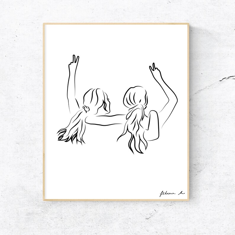 Best Friends Hug, Girl Line Art, Friendship Drawing, Gift for Friend ...