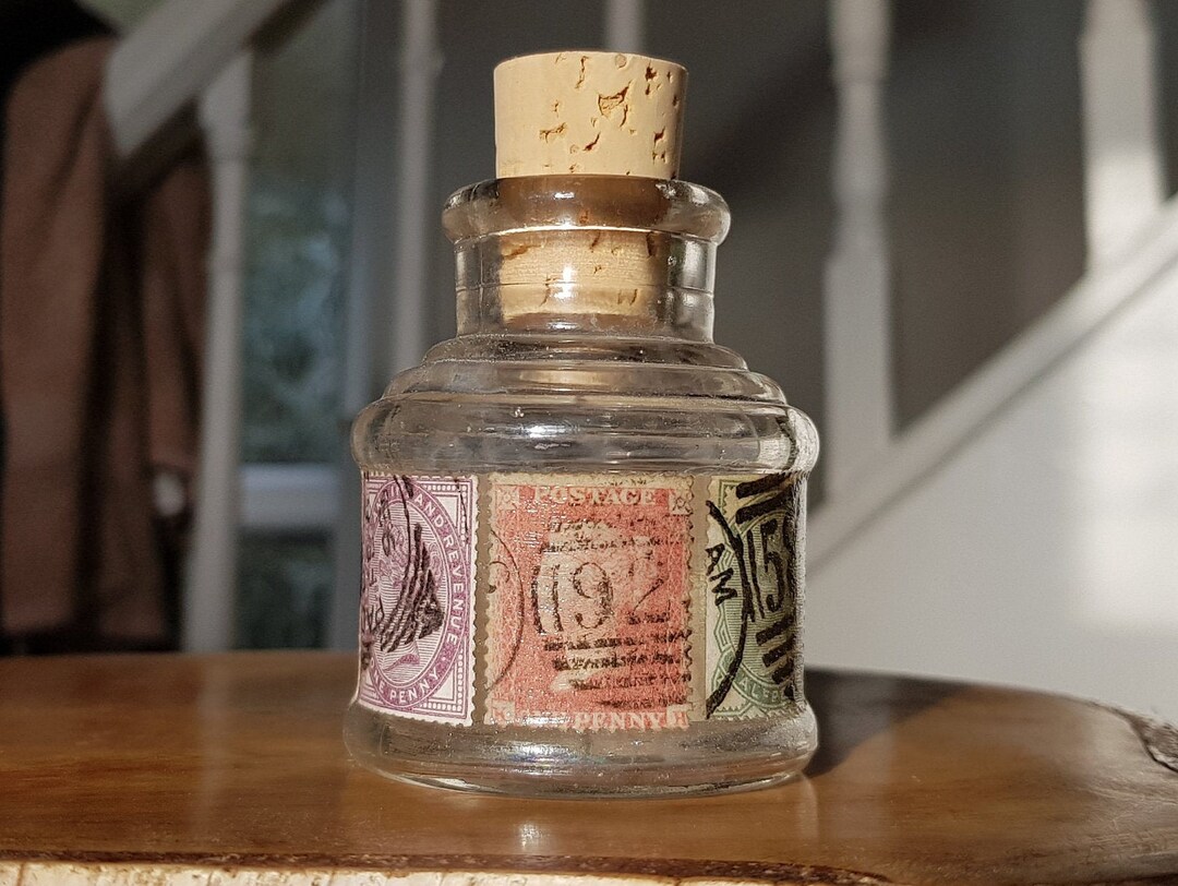 Vintage Ink Bottle With Victorian Stamps, Old Inkwells Decoupaged With ...