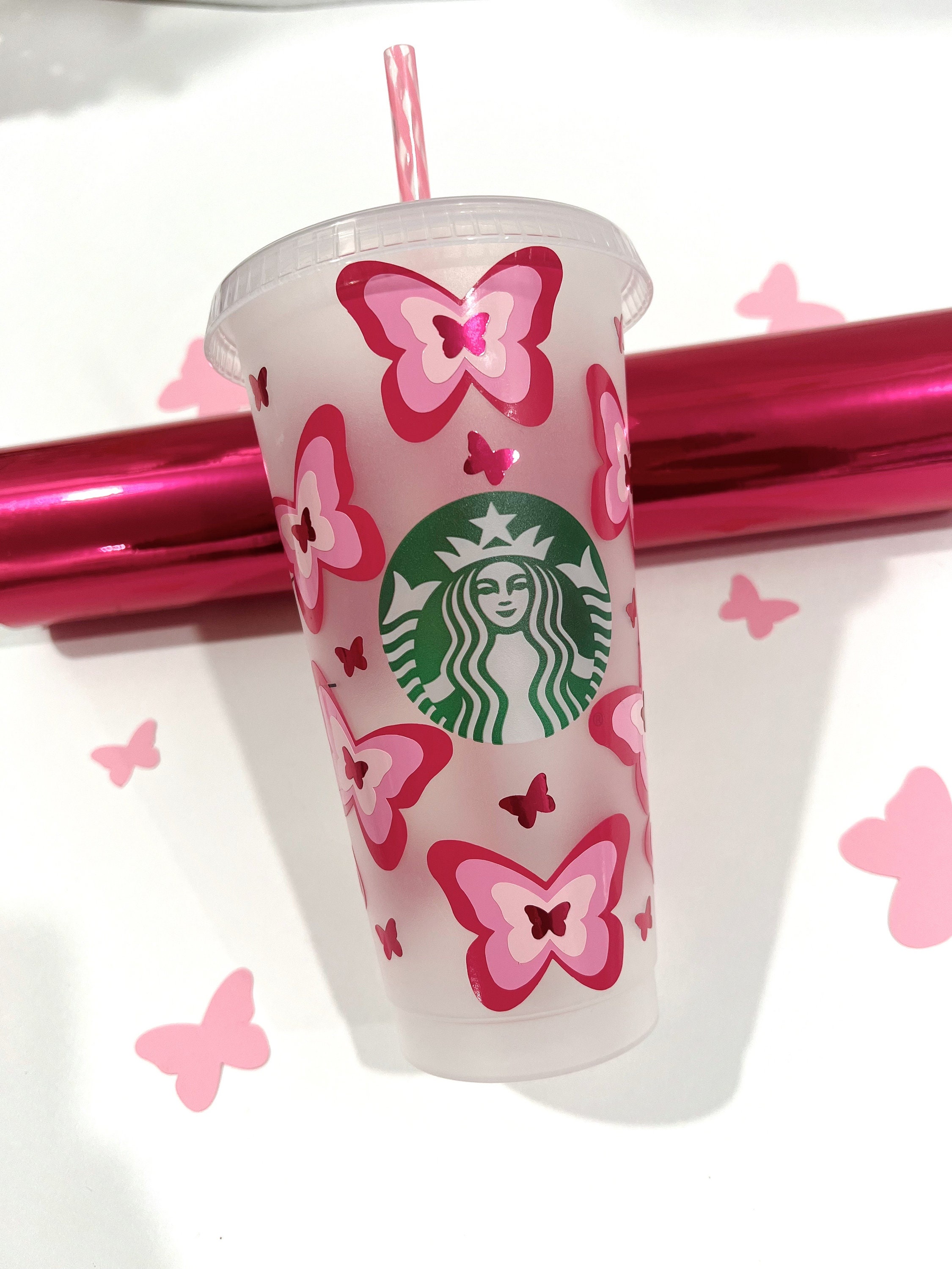 Retro Butterfly Starbucks Cup Pink Butterfly Iced Coffee Cold Drink Cup ...