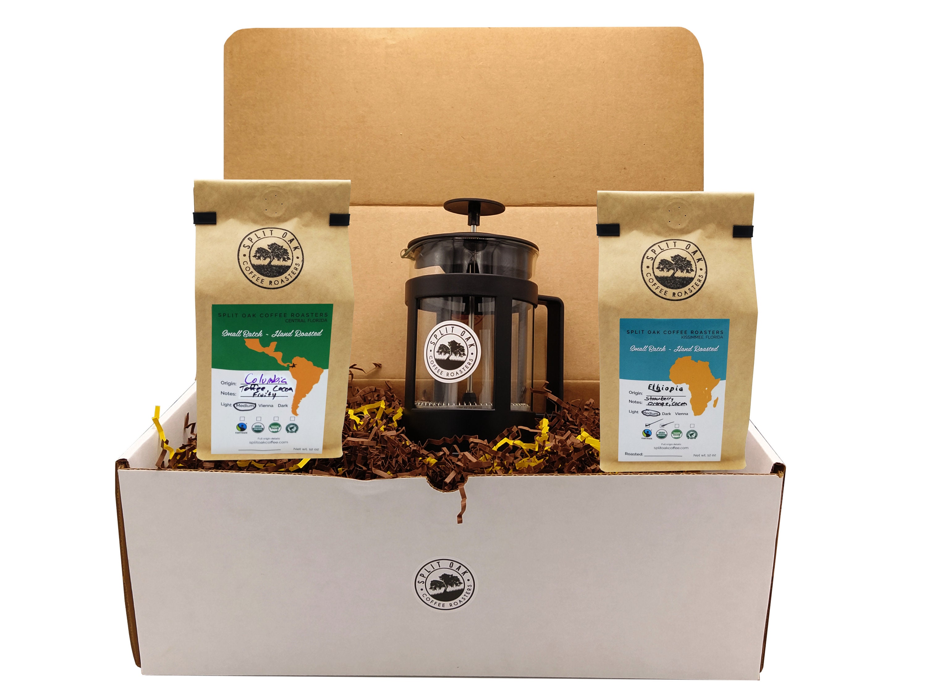 Caja de regalo de café con 2 cafés orgánicos surtidos + 1 prensa ...