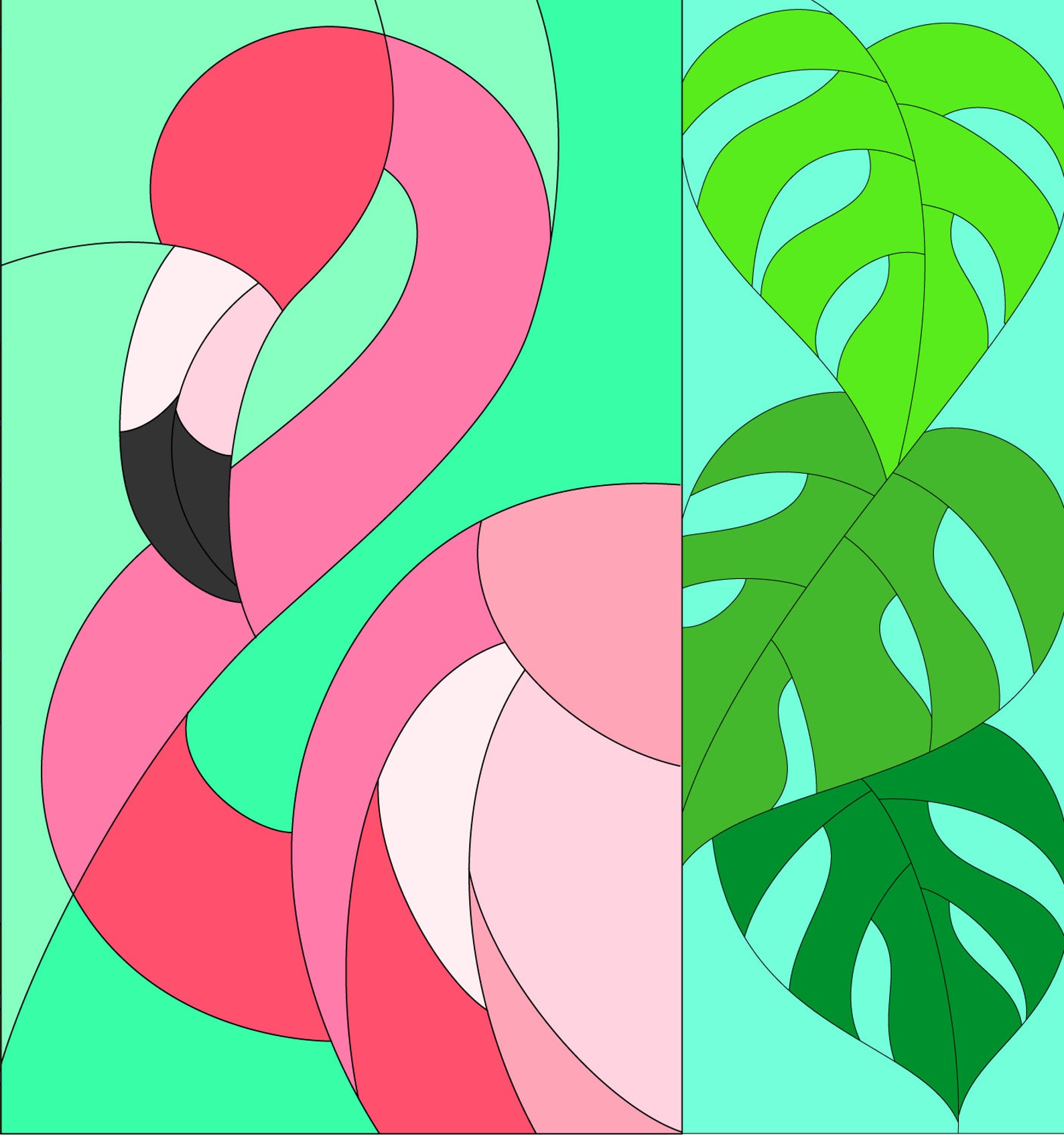 Tropical Flamingo PDF Art Quilt Pattern, Curve Piecing, Instant ...