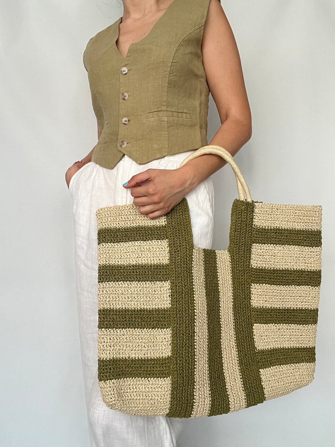 Summer Shoulder Tote Bag, Knit Shoulder Bag, Handmade Tote Bag, Striped ...