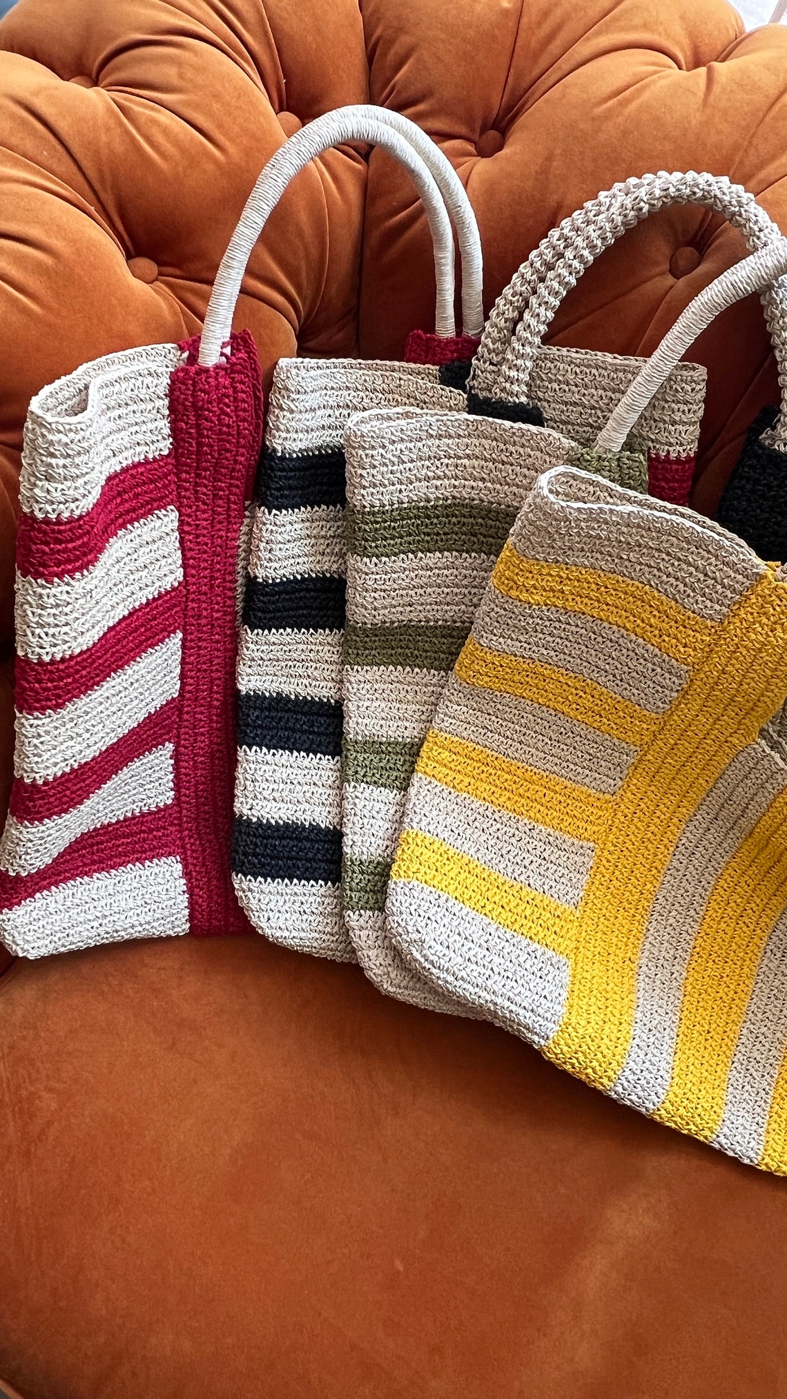 Summer Shoulder Tote Bag, Knit Shoulder Bag, Handmade Tote Bag, Striped ...