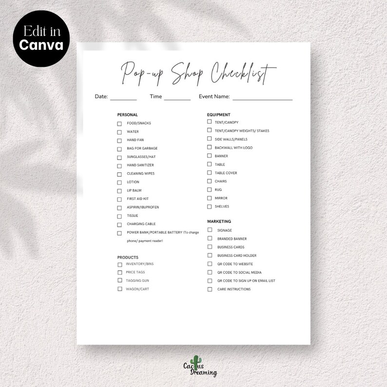 Pop-up Shop Checklist Vendor Event Editable Canva Template Vendor Tips Market Checklist Branding ...