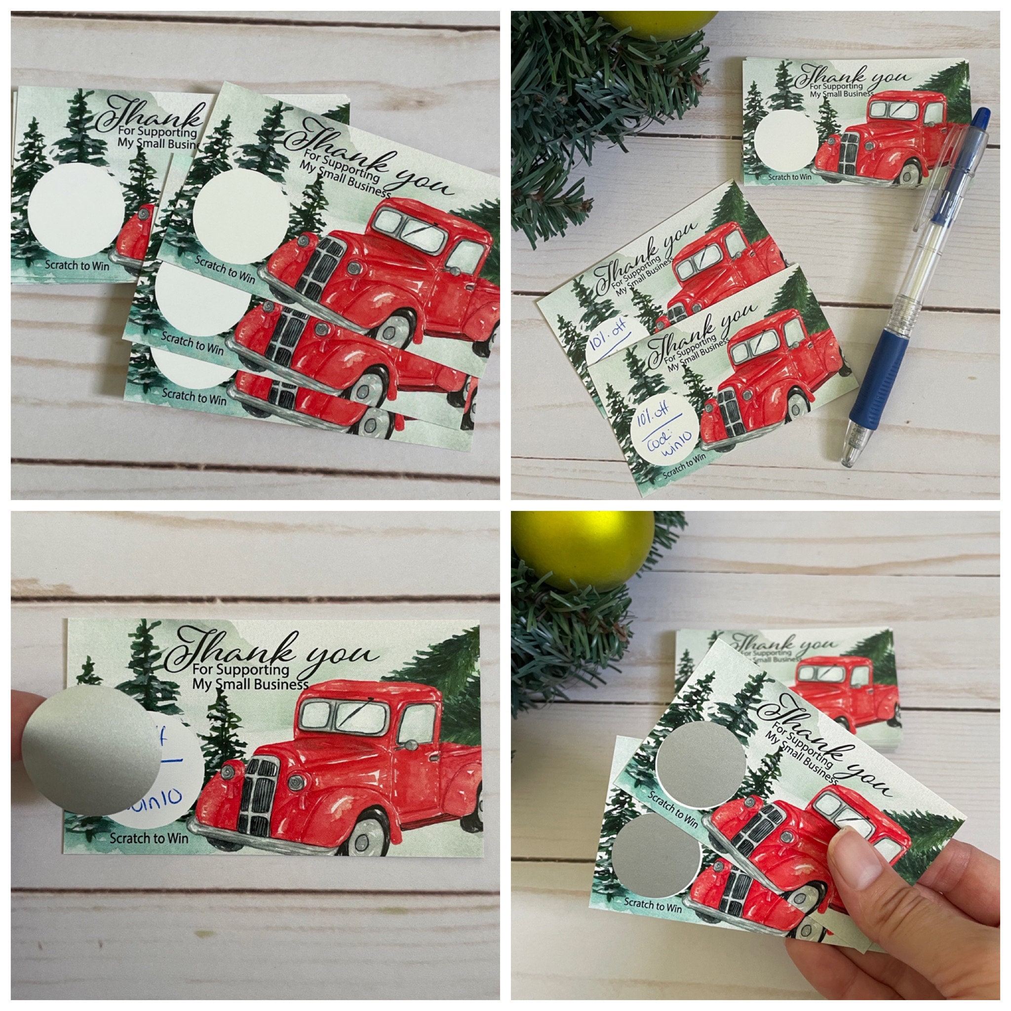 Scratch off Thank You Cards Christmas Scratchcard, Red Truck and Pine ...