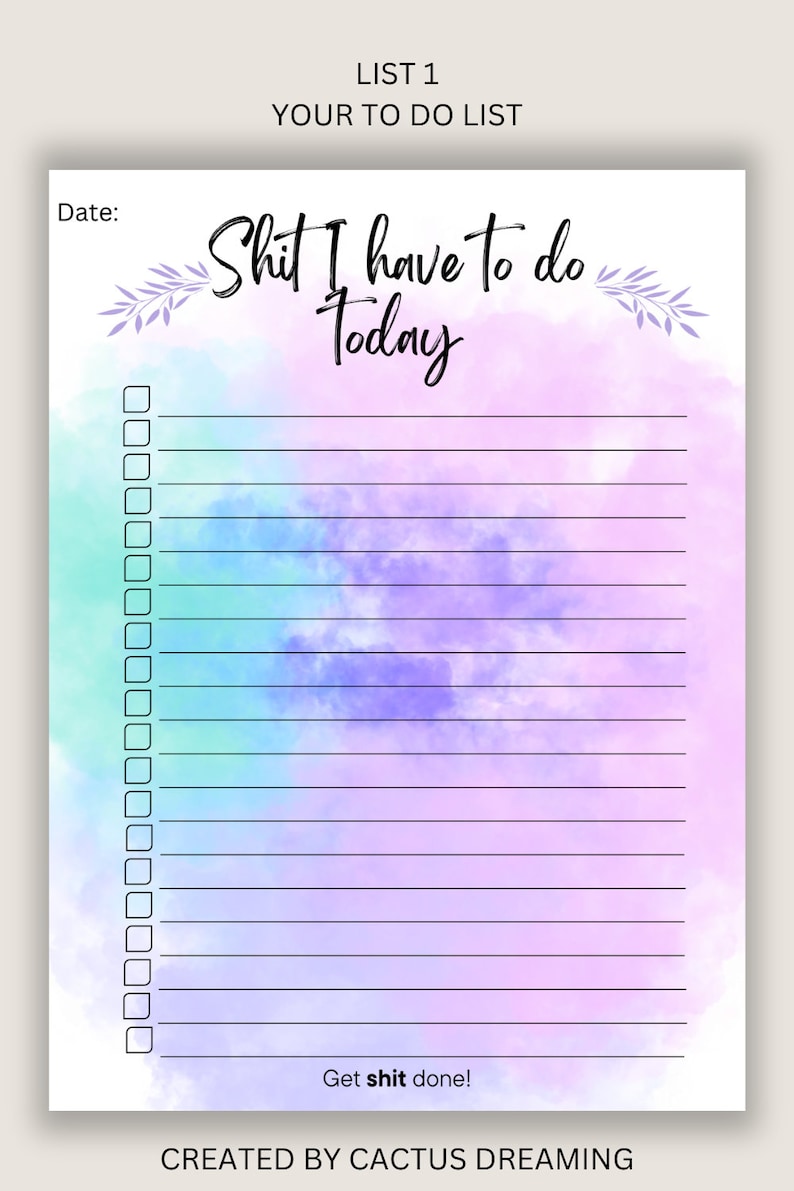 Digital Task Lists, Get Shit Done, Printable Planner, Daily Check List ...