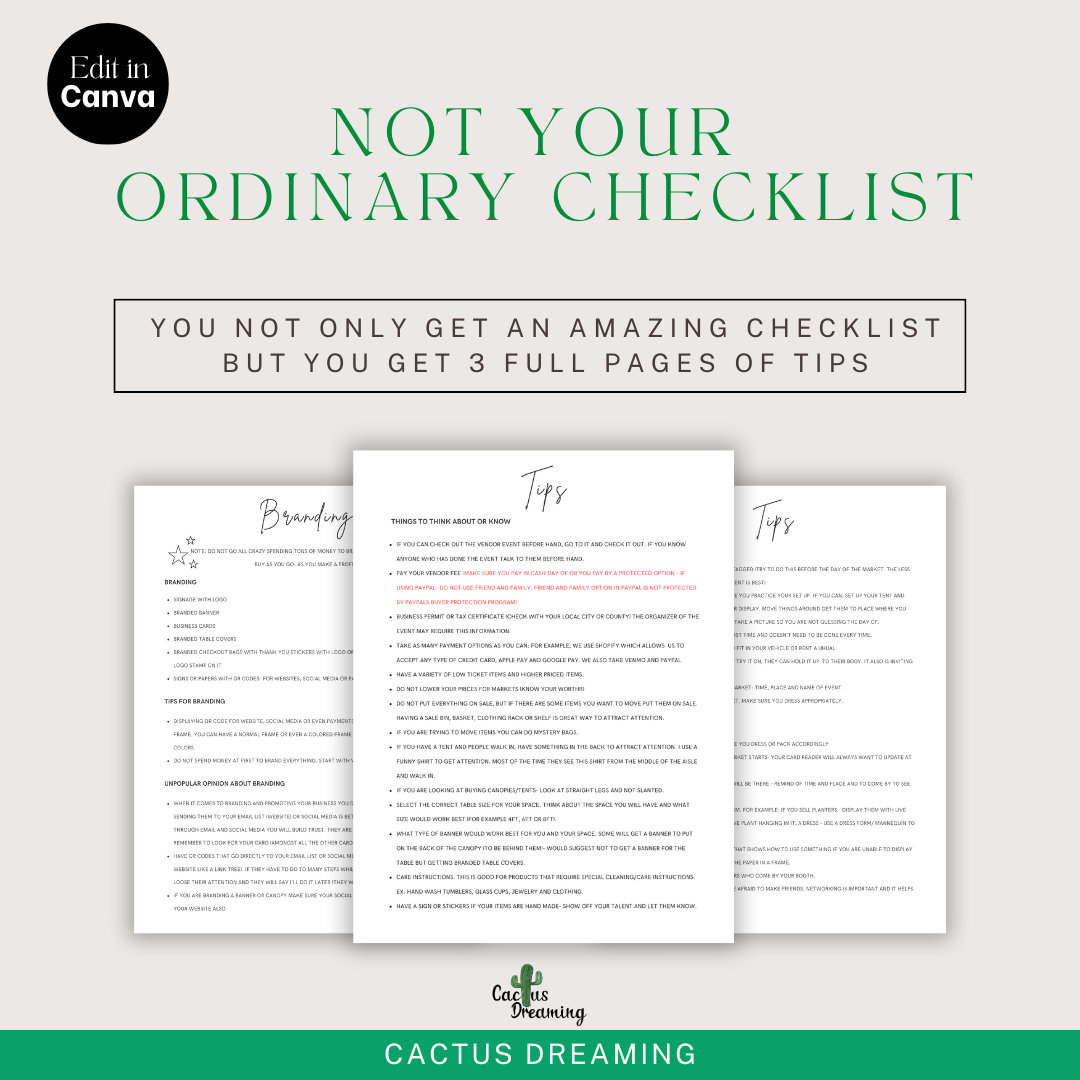 Editable Checklist Canva Template Pop-up Shop Vendor Tips Market ...