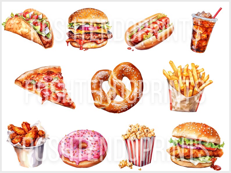 Watercolor Fast Food Clipart – Pizza, Burger, Donut (PNG, Commercial ...