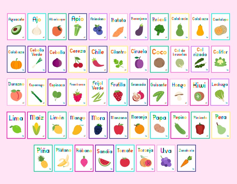 Spanish/english Flashcards, Fruits and Vegetables - Etsy