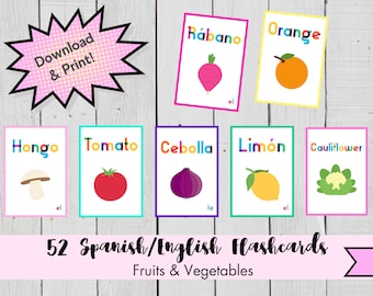 SPANISH Flashcards Fruits and Vegetables - Printable - Flashcards ...