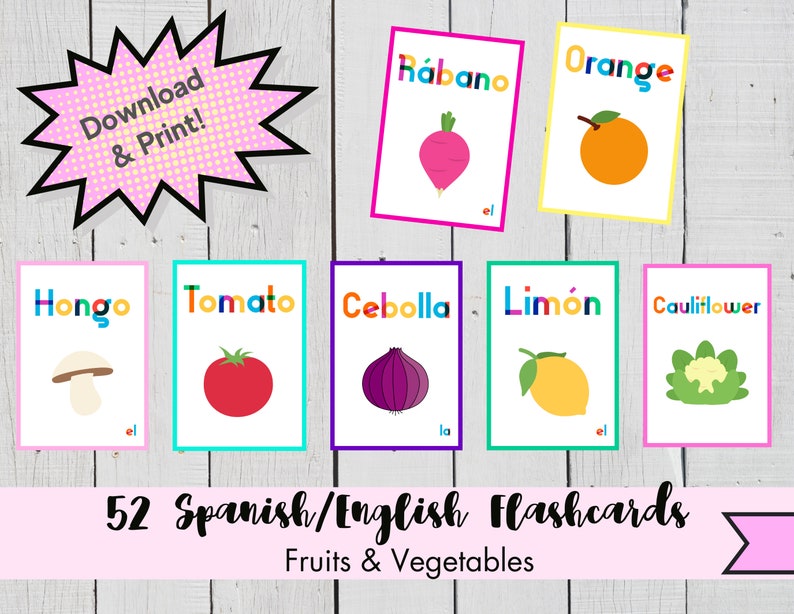Spanish/english Flashcards, Fruits and Vegetables - Etsy