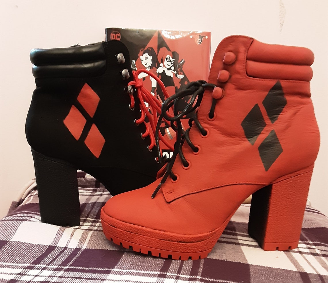 Harley Quinn Red And Black Ankle Boots With Diamond Details Etsy