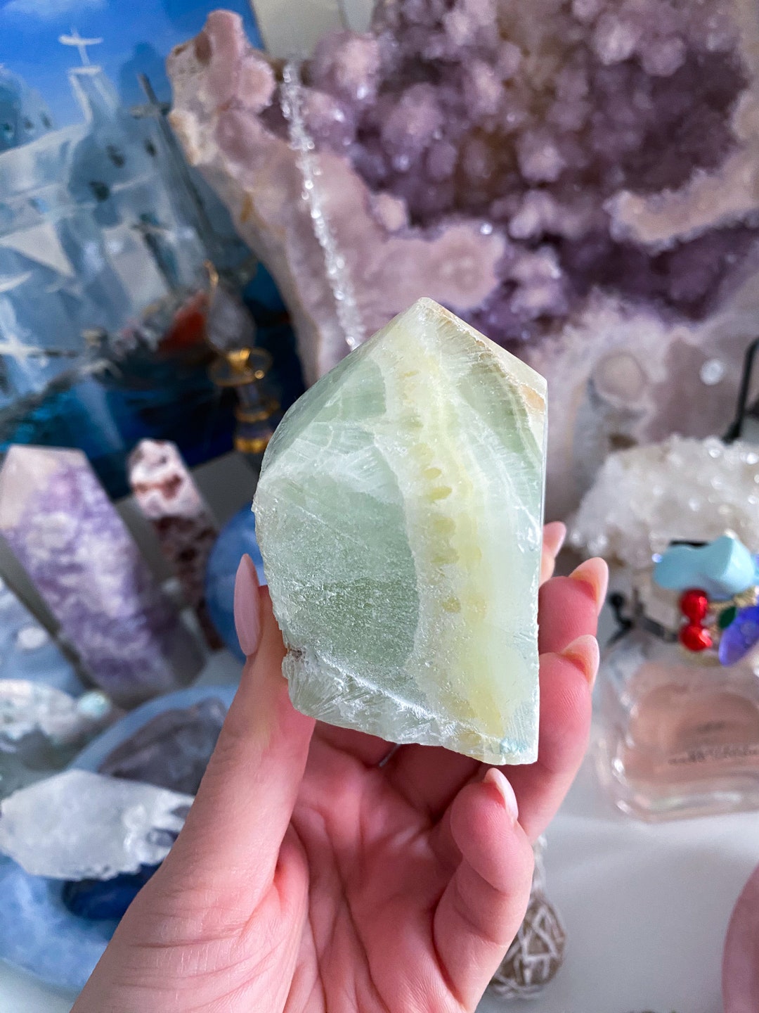 Green Calcite Top Polish Point Increase Patience Self Love Heart Chakra ...