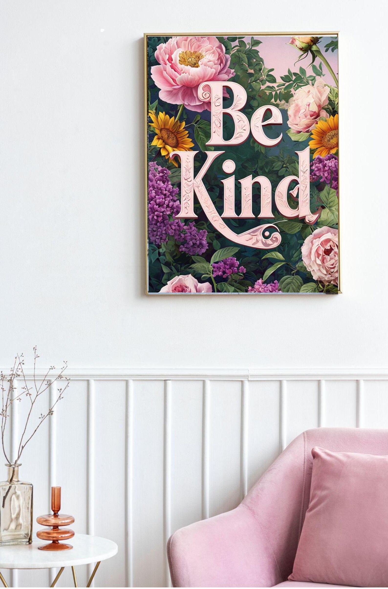 Be Kind Printable Poster | Floral Wall Art | Pink Motivational Quote ...