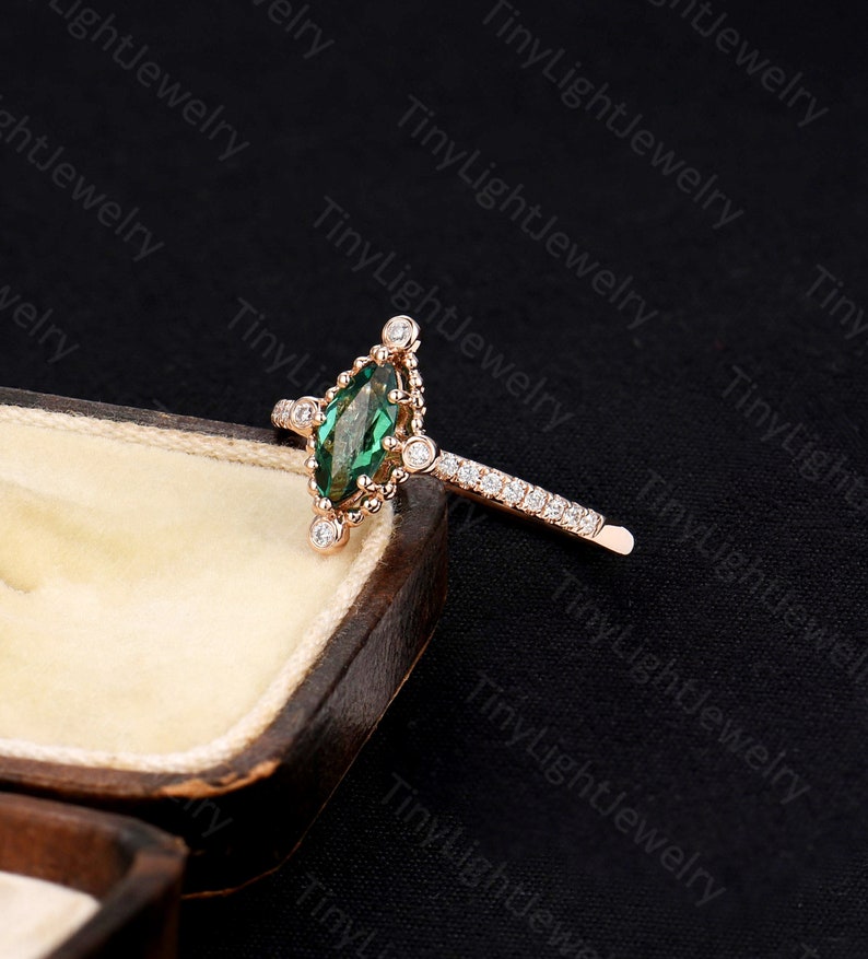 Emerald Engagement Ring Marquise Cut Lab Emerald Ring Rose - Etsy