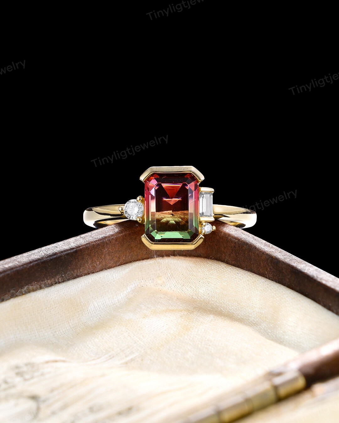 Art Deco Watermelon Tourmaline Engagement Ring,emerald Cut Yellow Gold ...
