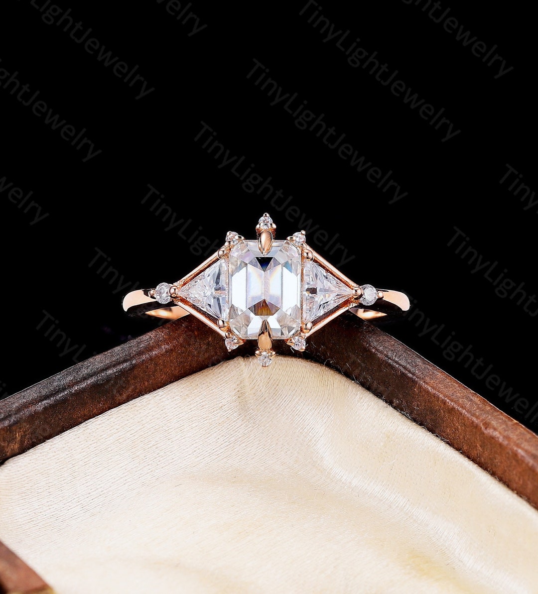 Emerald Cut Moissanite Engagement Ring Rose Gold Ring Triangle Cut Ring ...
