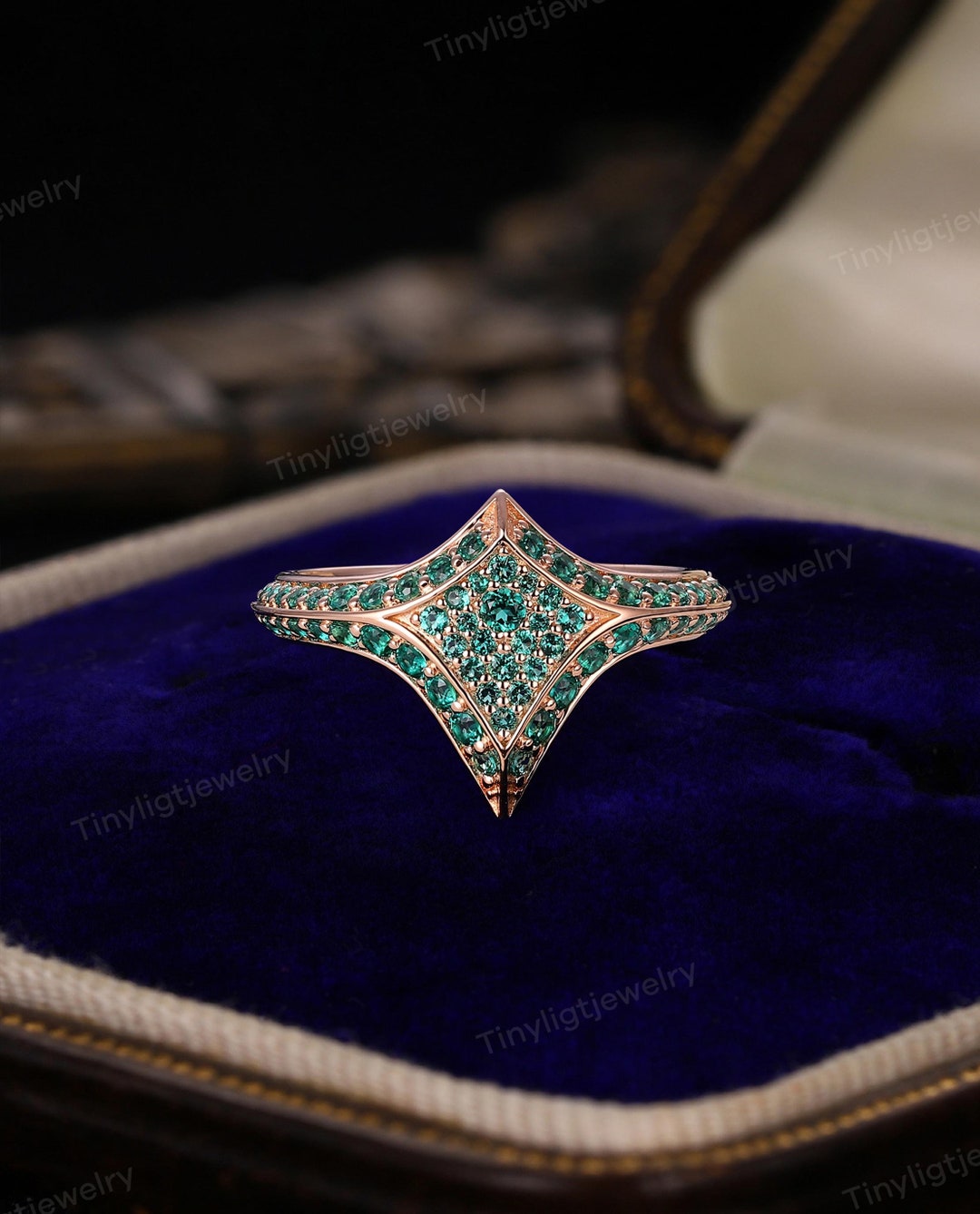 Art Deco Emerald Statement Ring - Mirco Pavé Setting Cocktail Ring in ...